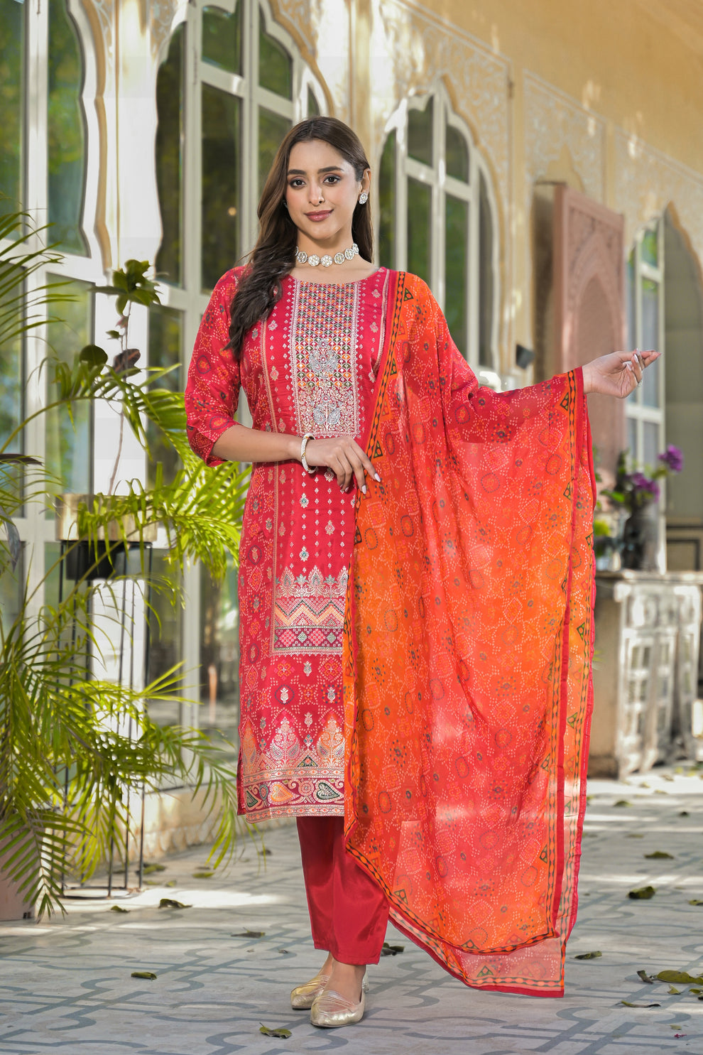 Red & Orange Kurta Set with Zari & Mirror Embroidery – Qurbat